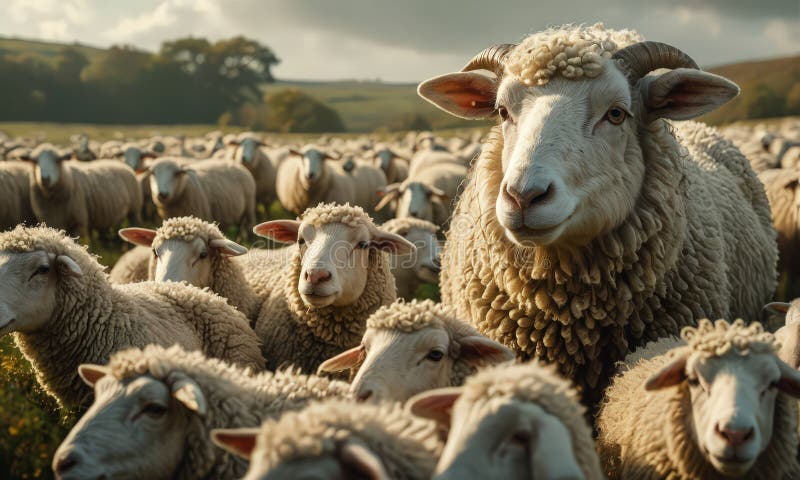 Flock White Sheep with Brown Faces and Legs Stands in Grassy Field ...