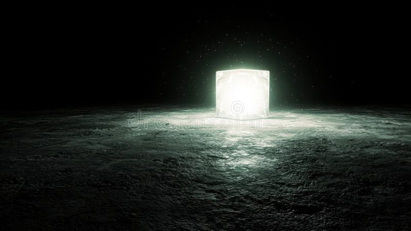 A Mysterious, Glowing Cube-shaped Object Sits on a Dark, Rocky Surface ...
