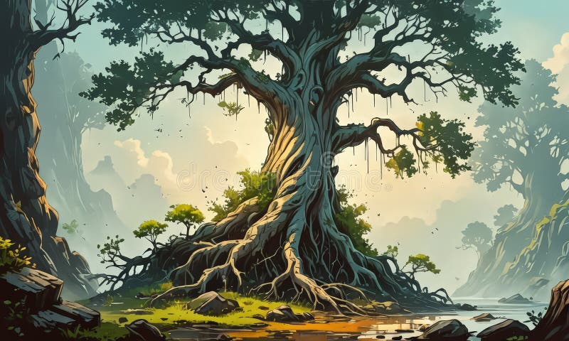 Large, Gnarled Tree with Sprawling Roots and Lush Foliage Stands in ...