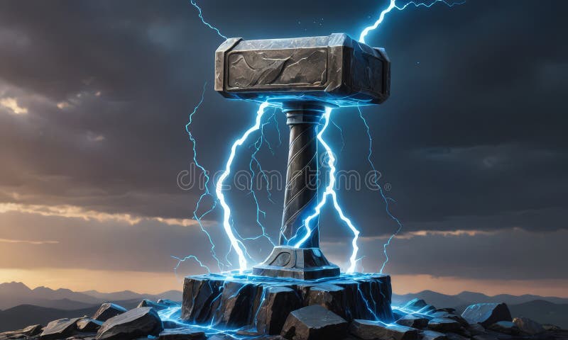 Large Hammer-shaped Object with Lightning Bolt on Top, Surrounded by ...