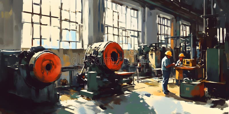 Industrial Workspace with Machinery and Workers Stock Illustration ...