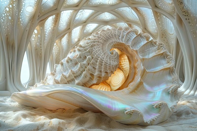 Giant Seashell on Sandy Beach in Surreal Architectural Setting Stock ...