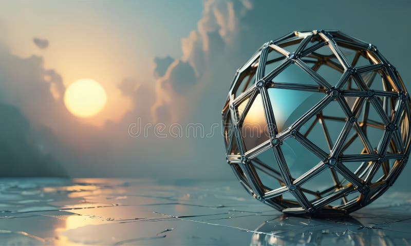 Geometric Sphere with Metallic Frame Stands on Reflective Surface, with ...