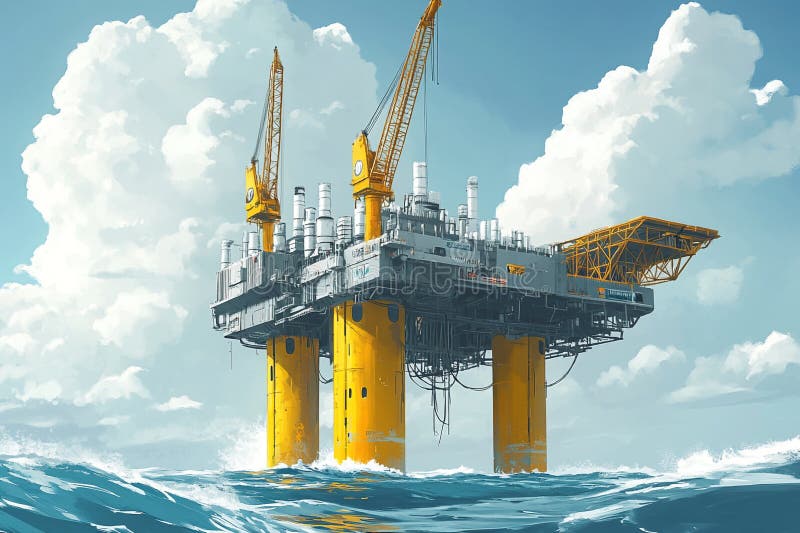 Offshore Oil Rig in Stormy Seas Powerful Waves Crashing Against Yellow ...