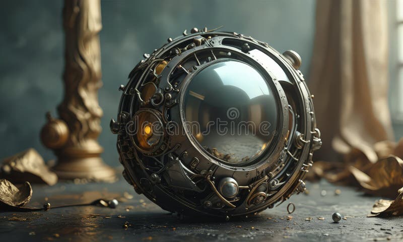 Metallic Sphere with Reflective Surface and Intricate Designs Sits on ...