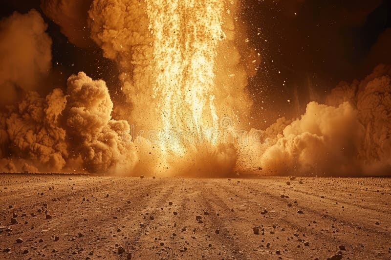Fiery Explosion and Dust Cloud on Desolate Landscape Stock Illustration ...