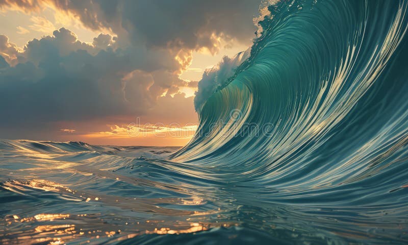 Large, Curling Wave Breaks Against Dramatic Sky, with the Sun Setting ...
