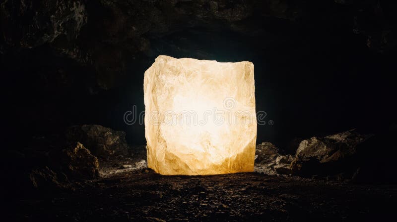 A Large, Glowing Cube-shaped Rock in a Dark Cave. Stock Photo - Image ...