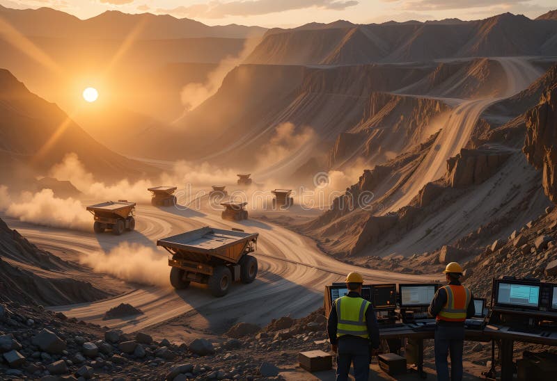Mining Operation with Heavy Machinery and Workers Stock Illustration ...