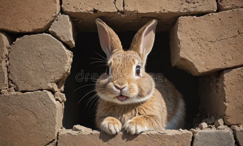 Curious Brown Rabbit Peeks Out from Hole in Brick Wall, Its Head and ...