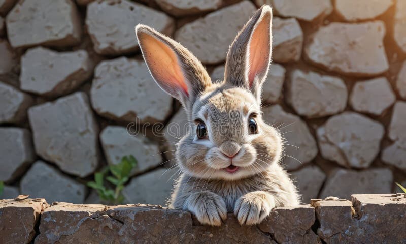 Curious Rabbit Peeks Over Stone Wall, Its Ears Perked Up and Eyes Wide ...