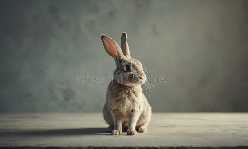 Light Brown Rabbit with Large Ears Sits on Gray Surface, Gazing To the ...