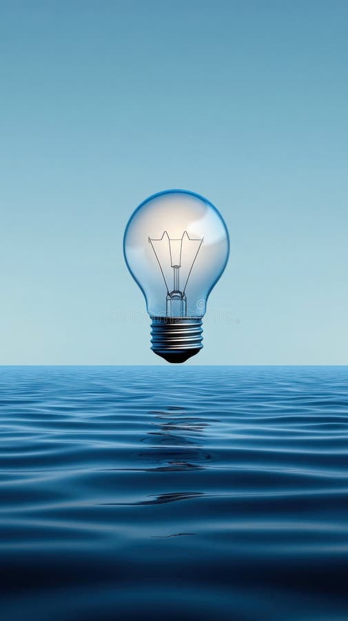 A Light Bulb Hovers Above Calm Ocean Waves Under a Clear Blue Sky, AI ...