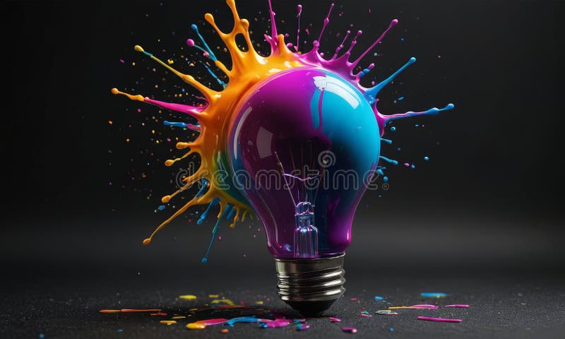 Lightbulb, Filled with Vibrant Mix Orange, Blue, and Purple Paint, is ...
