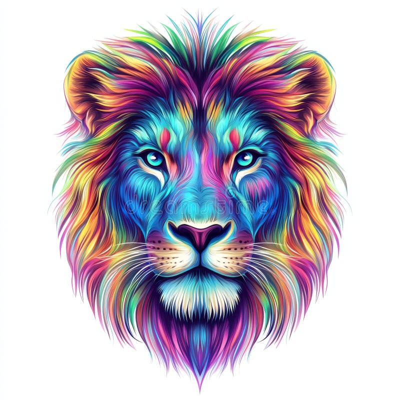 The Image Depicts a Lion with a Multicolored Mane on a White Background ...