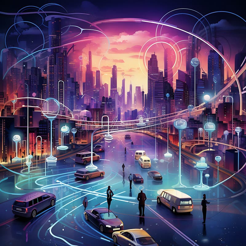 The Image Depicts a Lively Urban Environment Where Digital Networks and ...