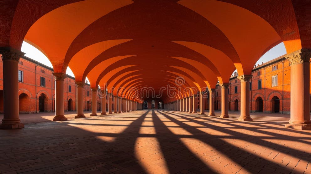 A Long Corridor with Orange Walls and Arches, Leading To a Distant ...
