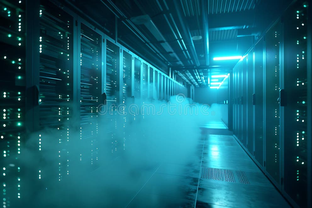 Mysterious Server Room with Fog and Neon Lights Stock Illustration ...