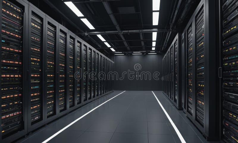 Long, Dark Hallway with Rows Black Computer Servers on Either Side ...