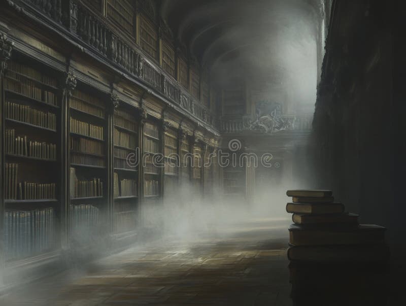 A Misty Library Corridor with a Stack of Books Stock Illustration ...