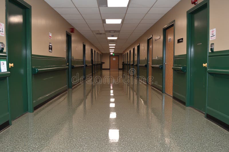 Long Hospital Corridor with Green Doors and Polished Floor Stock ...