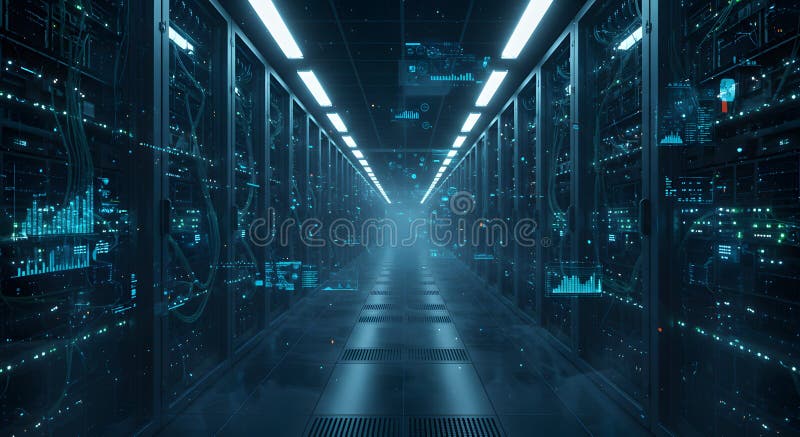 Data Center Server Room with Glowing Lights Stock Illustration ...