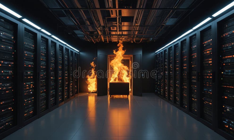 Computer Server Room with Rows Black Racks and Large Fire Burning in ...