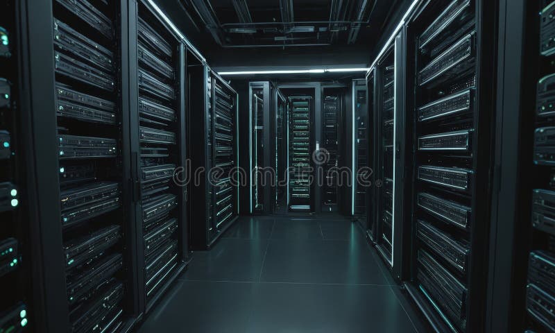Dimly Lit, Long Corridor with Rows Black Servers and Racks, Creating ...