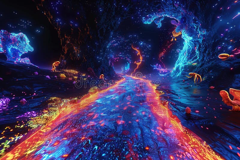 Luminous River in a Neon Cave: Surreal Digital Art Stock Illustration ...