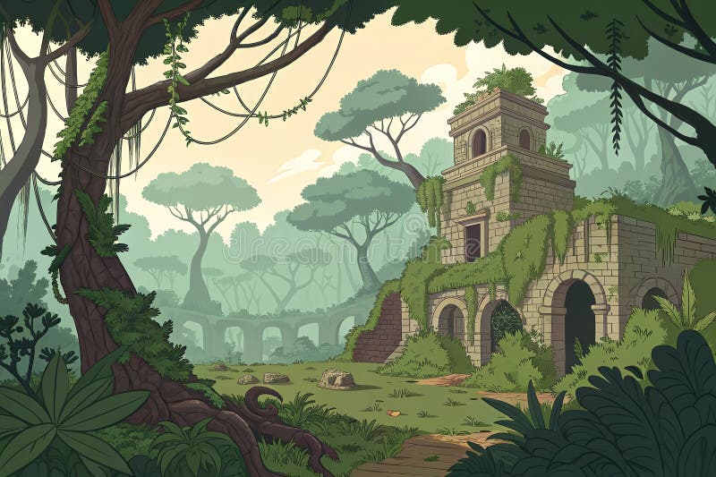Lush Jungle Ruins with Ancient Stone Structure and Vibrant Greenery in ...