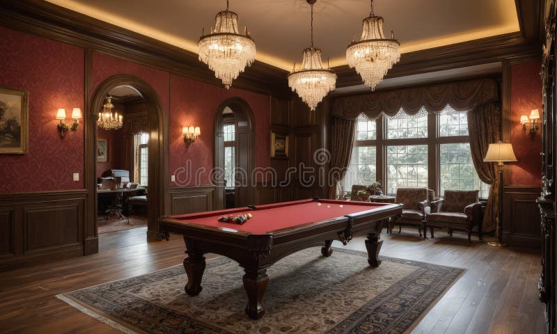 Luxurious Room with Red Pool Table, Ornate Chandeliers, and Large ...