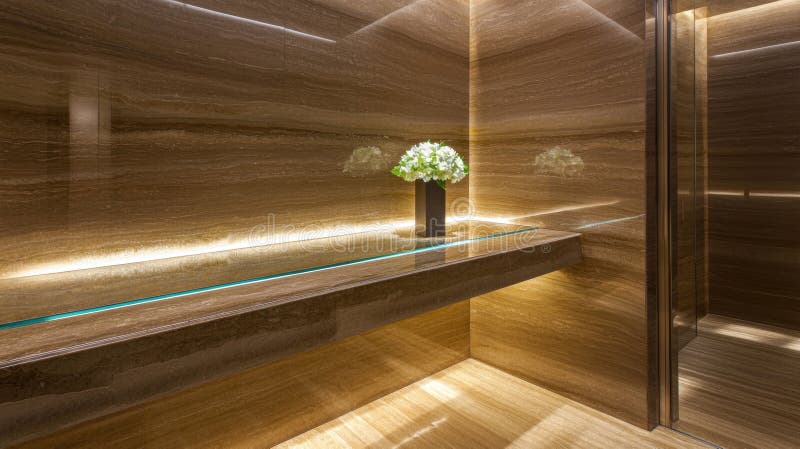 Elevator Interior with a Wooden Floor, Marble Walls, and a Glass Shelf ...