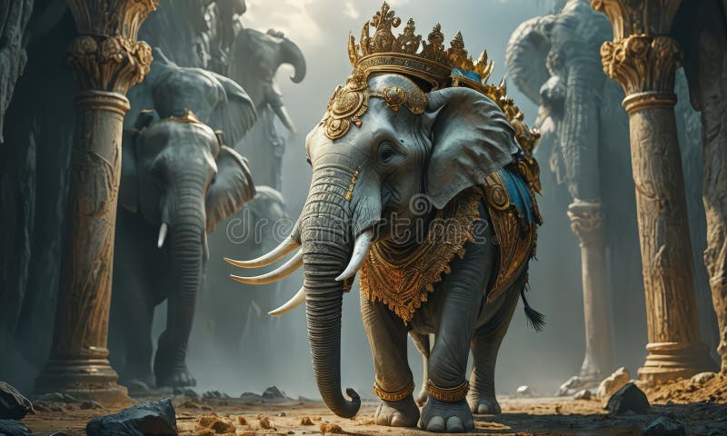 Majestic Elephant, Adorned with Golden Crown and Blue and Gold Blanket ...