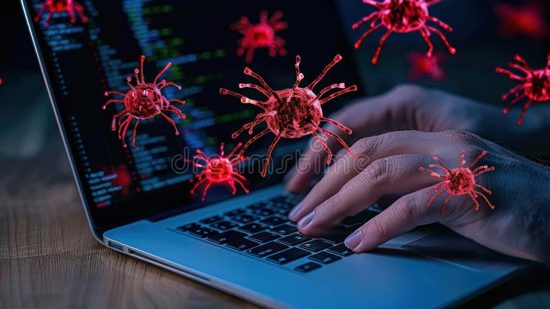 Man Working on Laptop with Bug and Virus Alerts Stock Illustration ...