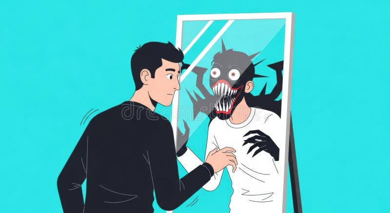 Man Confronts Inner Demon in Mirror Reflection Stock Illustration ...