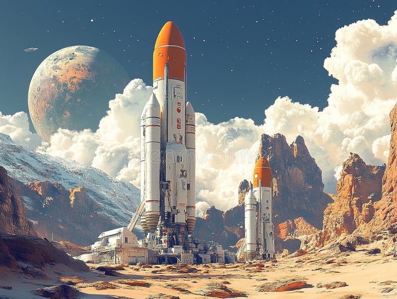 Image Depicts a Mars Landing Scene with Two Advanced Rocket Ships, Set ...