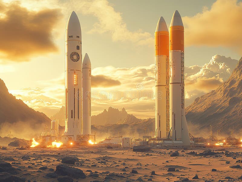 Image Depicts a Mars-like Landscape with Two White, Orange and Red ...