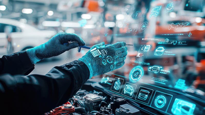 Futuristic Car Mechanic Working with Digital Interface on Engine ...