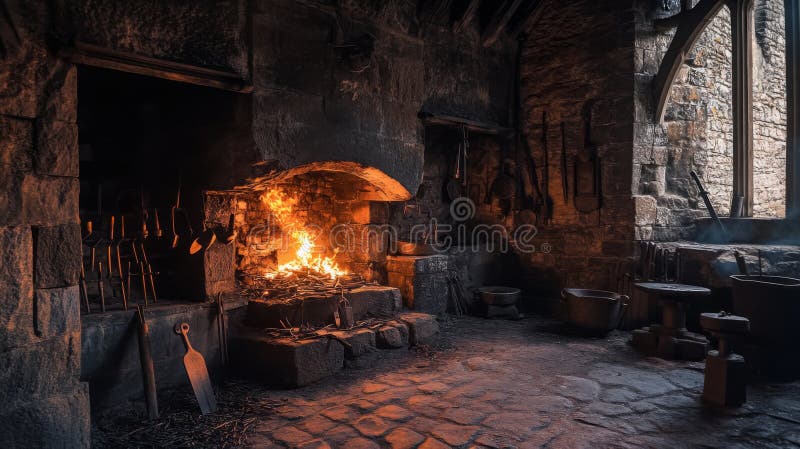 A Dark and Atmospheric Medieval Forge with a Roaring Fire. Tools Hang ...