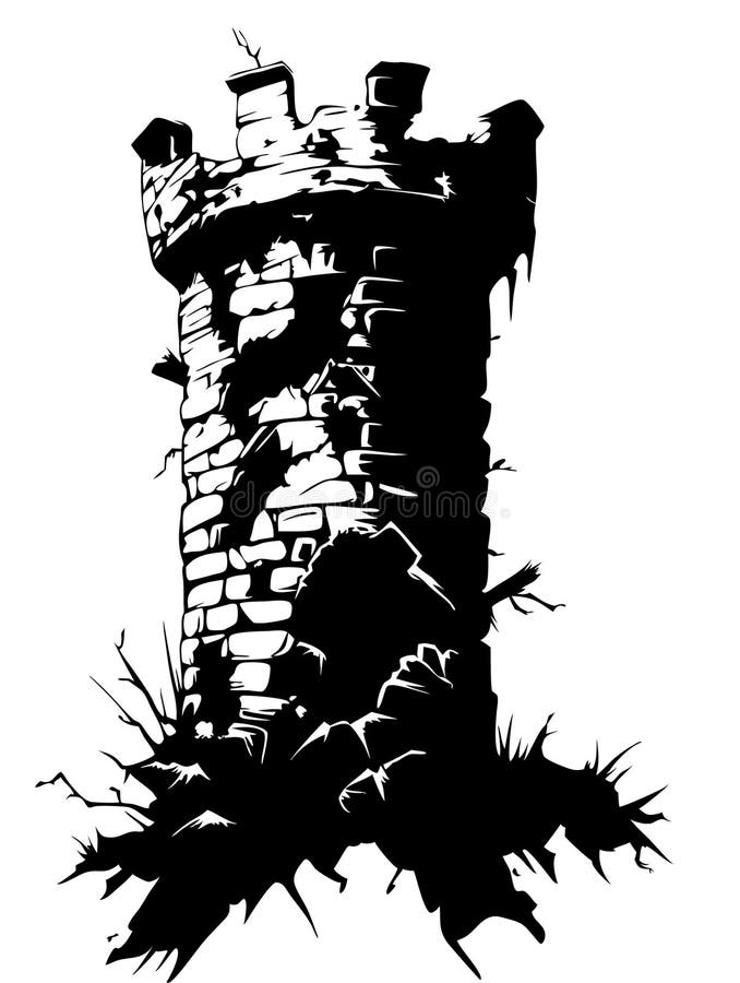 Medieval Ruined Stone Tower Vector Silhouette for Tattoo and Coloring ...