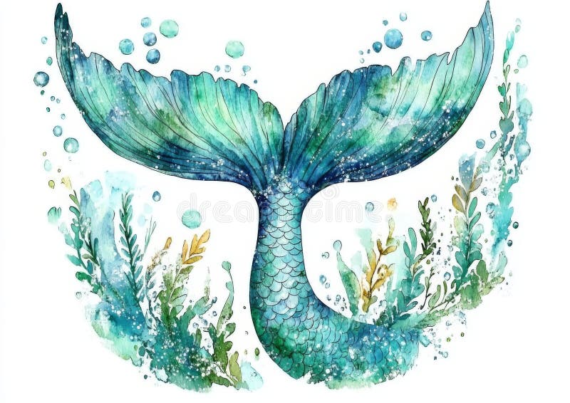 The Image Depicts a Mermaid Tail, Bubbles, and Algae in a Watercolor ...