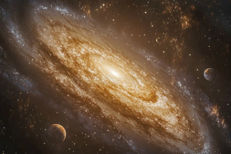 Golden Spiral Galaxy with Glowing Core and Surrounding Planets in ...