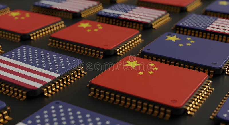 US-China Tech Rivalry: Microchips Displaying National Flags Reflecting ...