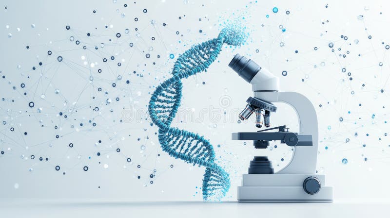 The Image Depicts a Microscope and DNA Helix Set Against a White ...
