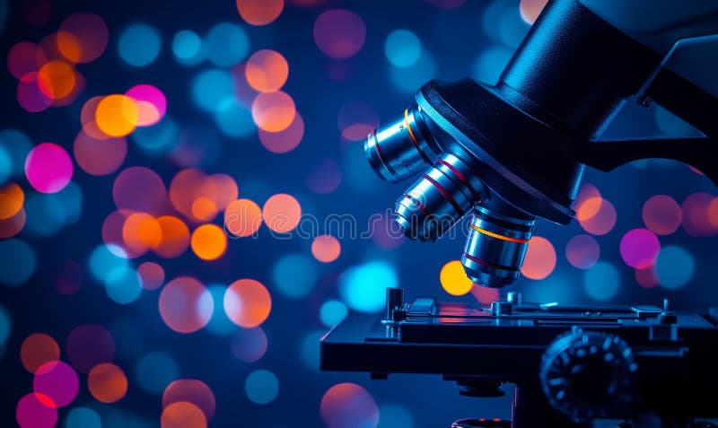 The Image Depicts a Microscope Set Against a Blue Background with Many ...