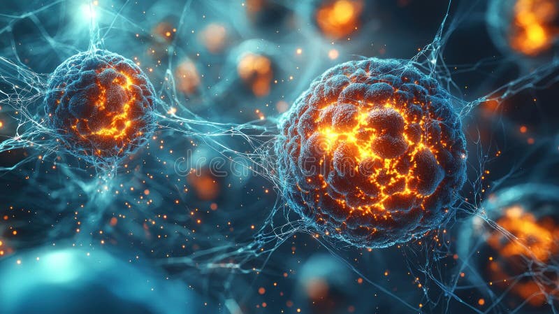 Cell Network with Glowing Nucleus and Connections Stock Illustration ...