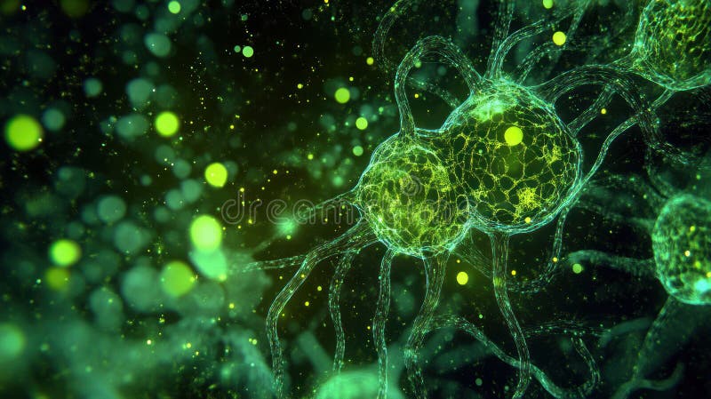 Green Neuron Cells with Glowing Particles Around Stock Illustration ...