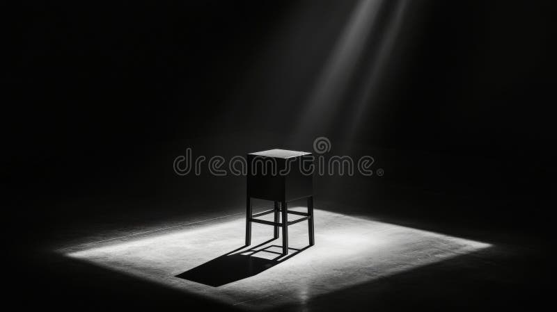 A Black and White Photograph of a Spotlight Shining on a Black Stool ...