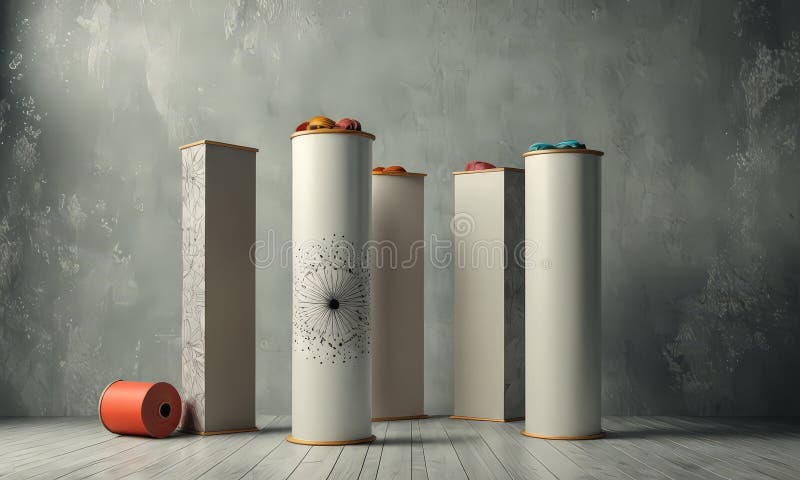 Six White Cylindrical Objects with Colorful Tops are Arranged in Row on ...