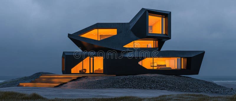 A Modern House with a Unique Design Sits on a Rocky Outcropping ...